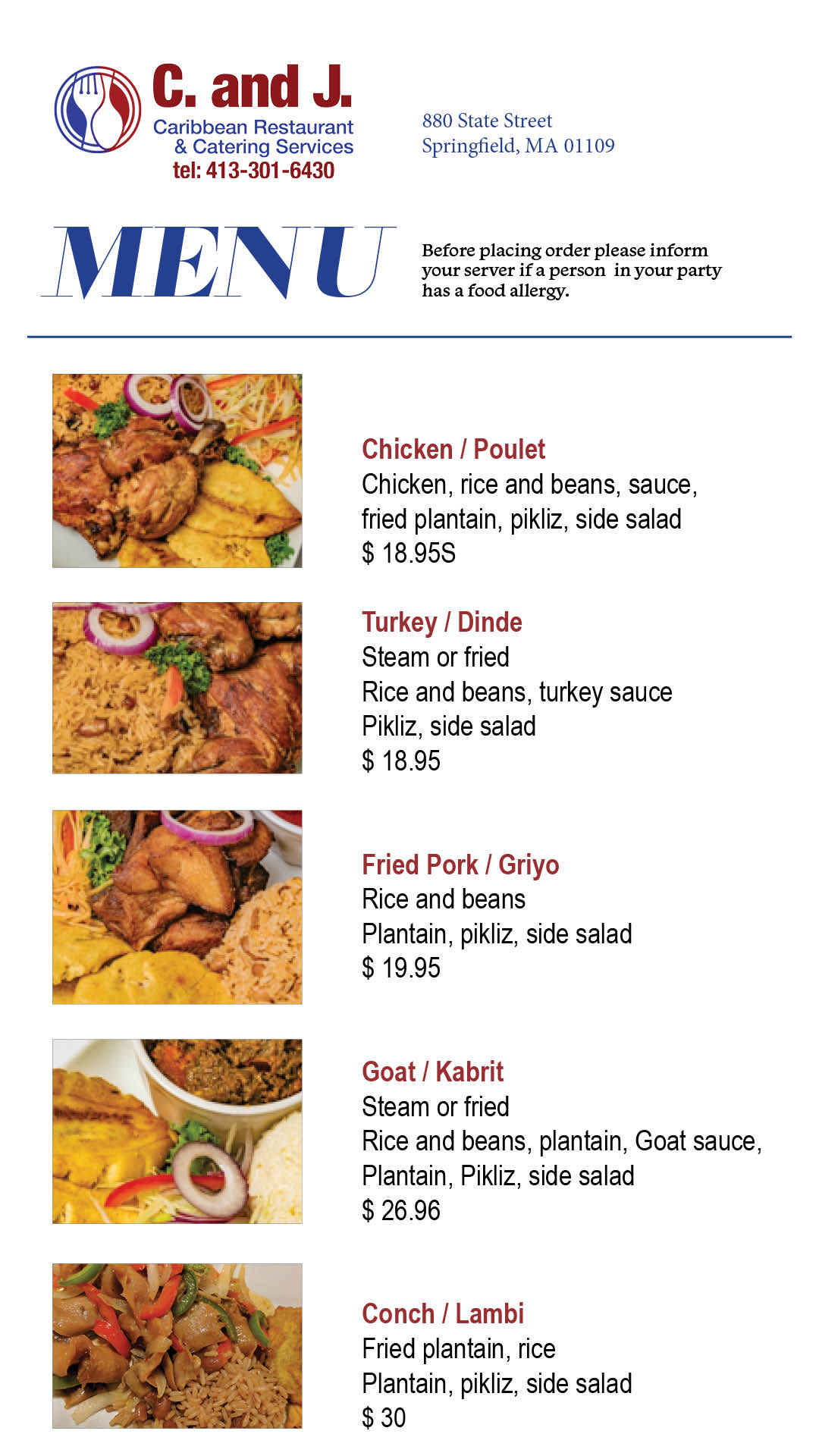 Menu - C and J Caribbean Restaurant